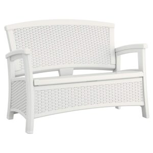 suncast elements stylish lightweight loveseat outdoor seating with convenient built in universal storage, and all weather plastic, white