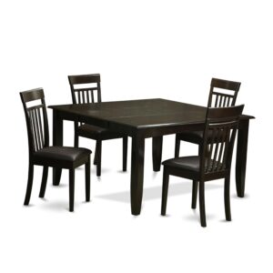 east west furniture pfca5-cap-lc 5 piece dining room furniture set includes a square wooden table with butterfly leaf and 4 faux leather kitchen dining chairs, 54x54 inch, cappuccino