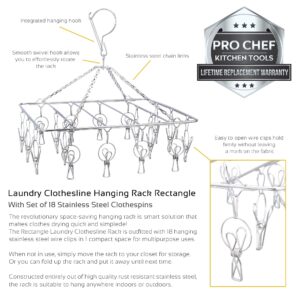 Pro Chef Kitchen Tools Laundry Drying Rack - Rectangle Hanging Clothes Dryer with 18 Clothes Pins - Hangers with Clips - Retractable Clothesline - Mitten Drying Rack - Indoor Outdoor Laundry Hanger