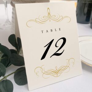 decadent flourish wedding table numbers (select color/quantity), champagne, gold, 1-20, double sided, tent or use in a stand, great for parties & restaurants - made in the usa