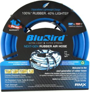 blubird bb1250 1/2" x 50' rubber air hose, 100% rubber, lightest, strongest, most flexible, 300 psi, 50f to 190f degrees, ozone resistant, high strength polyester braided