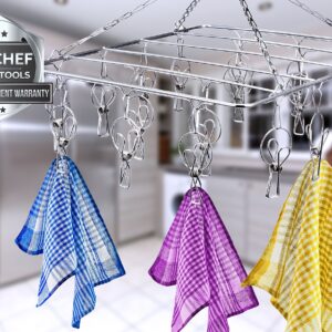 Pro Chef Kitchen Tools Laundry Drying Rack - Rectangle Hanging Clothes Dryer with 18 Clothes Pins - Hangers with Clips - Retractable Clothesline - Mitten Drying Rack - Indoor Outdoor Laundry Hanger