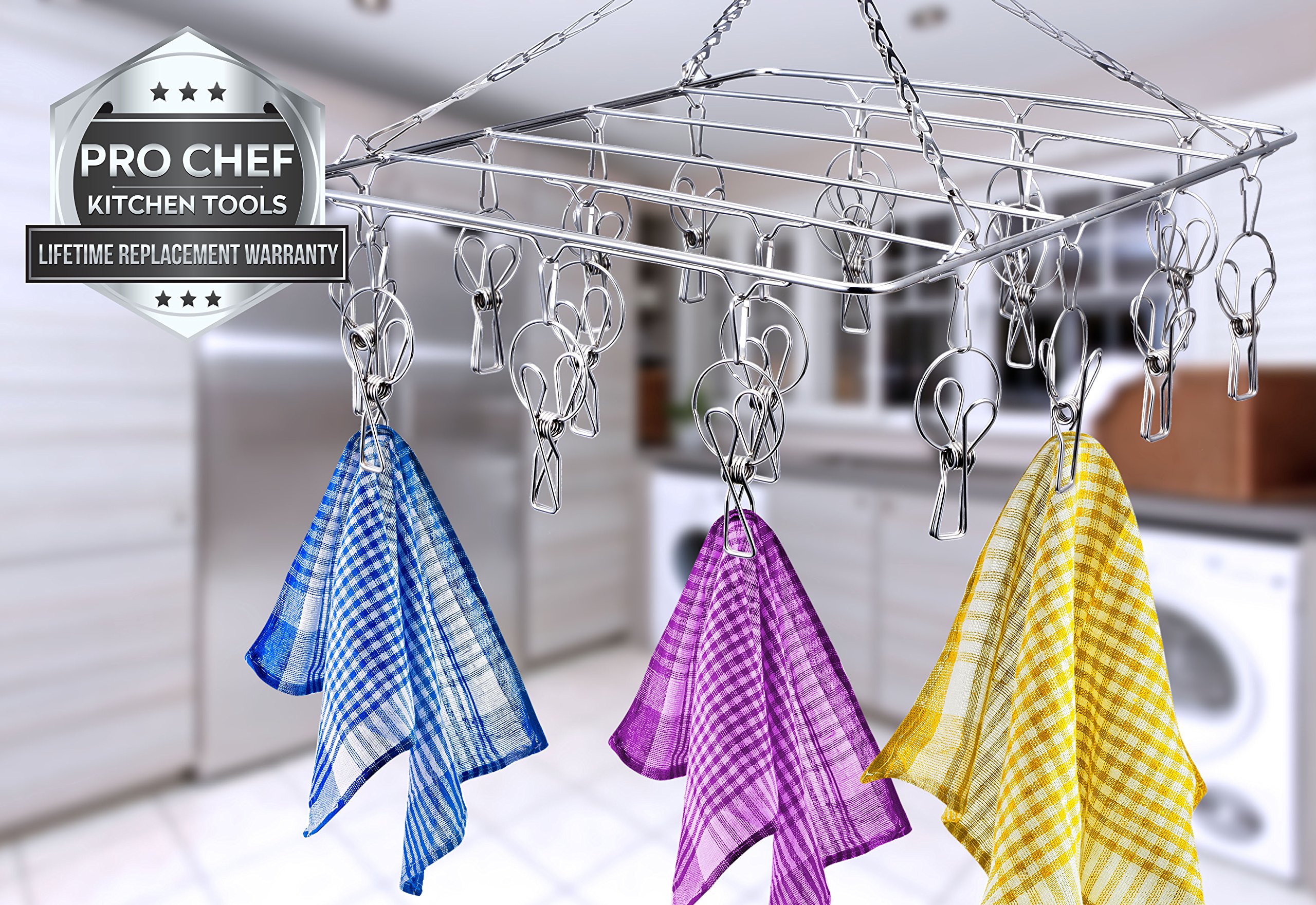 Pro Chef Kitchen Tools Laundry Drying Rack - Rectangle Hanging Clothes Dryer with 18 Clothes Pins - Hangers with Clips - Retractable Clothesline - Mitten Drying Rack - Indoor Outdoor Laundry Hanger