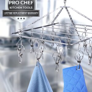 Pro Chef Kitchen Tools Laundry Drying Rack - Rectangle Hanging Clothes Dryer with 18 Clothes Pins - Hangers with Clips - Retractable Clothesline - Mitten Drying Rack - Indoor Outdoor Laundry Hanger