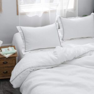 Simple&Opulence 100% Linen Duvet Cover Set Comforter King Size (104" x 92")-3pcs French Washed Flax Textured Soft Bedding with Striped Detail, 1 Duvet Cover and 2 Pillowcases (White)