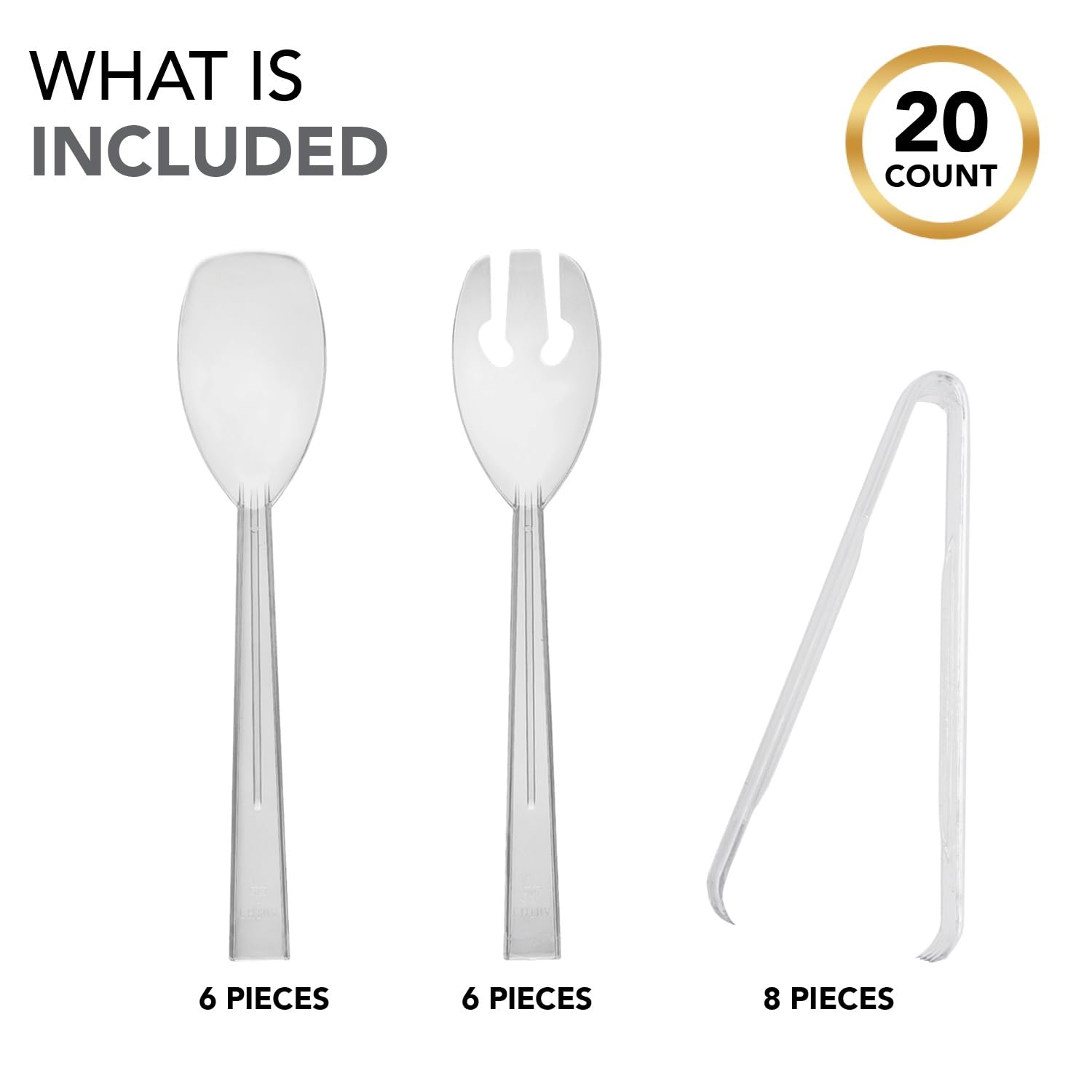 Party Essentials Plastic Party Buffet Serving Utensils Kit, Spoons/Forks/Tong, 20-Piece, Clear