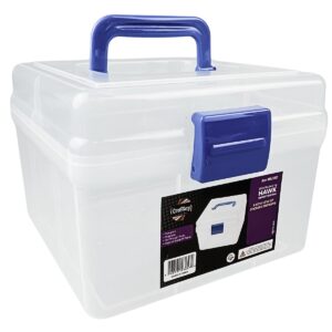 bin buddy 8.25" x 8.25" x 6" (21 cm x 21 cm x 15.2 cm) clear plastic storage box | blue handle and latch | lightweight and sturdy | ideal for beading, crafting, and hobbies