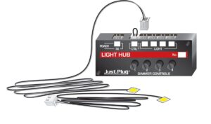 woodland scenics just plug: lights & hub set w/dimmer controls: warm white stick-on led lights w/24 cable (2)