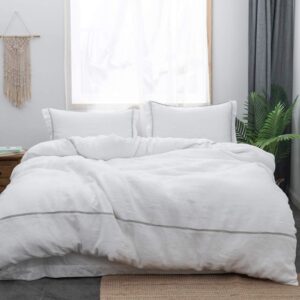 simple&opulence 100% linen duvet cover set comforter king size (104" x 92")-3pcs french washed flax textured soft bedding with striped detail, 1 duvet cover and 2 pillowcases (white)