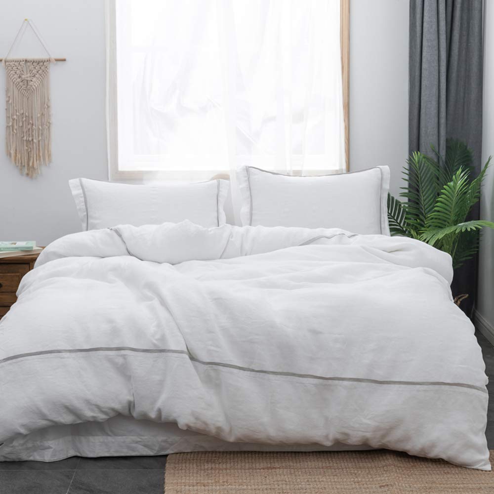 Simple&Opulence 100% Linen Duvet Cover Set Comforter King Size (104" x 92")-3pcs French Washed Flax Textured Soft Bedding with Striped Detail, 1 Duvet Cover and 2 Pillowcases (White)