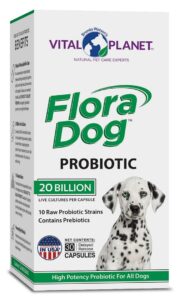 vital planet - flora dog probiotic capsules supplement with 20 billion cultures and 10 strains, high potency immune and digestive support probiotics for dogs, 30 delayed release capsules