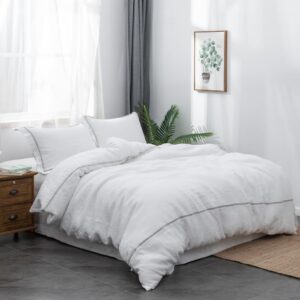 Simple&Opulence 100% Linen Duvet Cover Set Comforter King Size (104" x 92")-3pcs French Washed Flax Textured Soft Bedding with Striped Detail, 1 Duvet Cover and 2 Pillowcases (White)