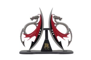 wuu jau h-548 dual fantasy dragon dagger display with wooden stand, 11"