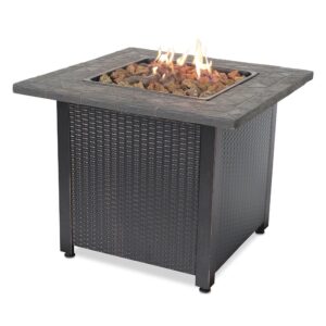 endless summer 30 inch square 30,000 btu lp gas outdoor fire pit table with mosaic resin mantel, steel wicker design base, and lava rock, black