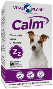 vital planet - calm chewable tablets for dogs, promotes calmness in stressful situations with valerian, lemon balm, chamomile, gaba, l-theanine and natural herbs - 60 beef flavored chewable tablets