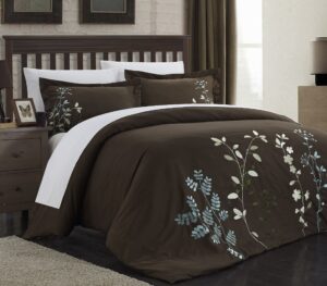 chic home 3-piece kaylee floral embroidered duvet set (king, brown)