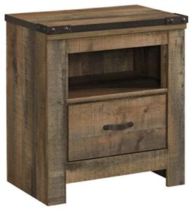 signature design by ashley trinell rustic 1 drawer nightstand with usb charing stations, 26.22" tall, warm brown