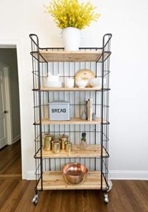 creative co-op 5 tier wood shelves with metal frame & caster wheels