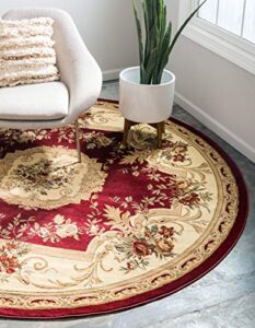 unique loom versailles collection traditional classic floral motif area rug (8' 0 x 8' 0 round, burgundy/ ivory)