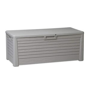 toomax florida 145 gallon lockable deck storage box bench for outdoor pool patio garden furniture or indoor toy bin container, warm grey