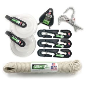 everlast pulleys #100 clothesline kit complete with 2 pulleys, 3 separators, 1 line tightener, 2 hooks, and 100 feet of premium #8 clothesline. perfect for hanging laundry. easy to set up!