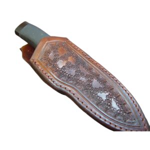 by carl thomas jr. custom leather knife sheath that fits a buck 692 vanguard or zipper. tooled and dyed dark brown.