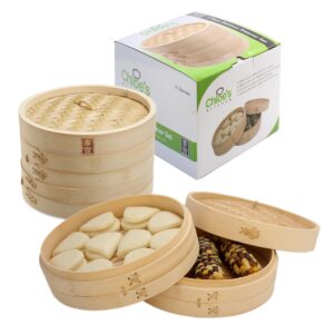 zoie + chloe bamboo steamer basket - 2-tier dumpling steamer for cooking with 2 reusable cotton liners for bao, dim sum, veggies, asian steamed buns -stackable, space-efficient - 10-inch steam basket