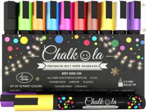 chalkola chalk markers for chalkboard, blackboard, window, bistro, car glass, board, mirror (10 pack, 6mm) - wet wipe erasable liquid chalk pens paint ink - 6mm reversible tip chalkboard markers