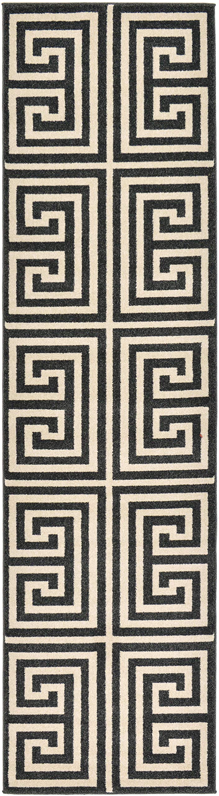 Unique Loom Athens Collection Classic Geometric Modern Border Design Area Rug, 2 ft 7 in x 10 ft, Black/Beige