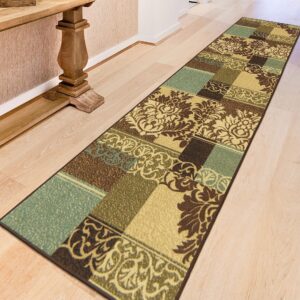 machine washable damask design non-slip rubberback 3x10 traditional runner rug for hallway, kitchen, bedroom, living room, 2'7" x 9'10", brown/green