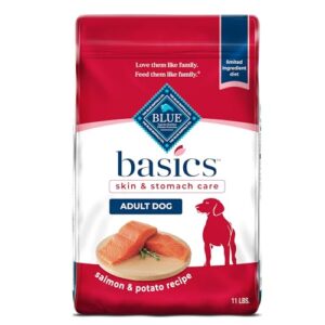 blue buffalo basics adult dry dog food for skin & stomach care, limited ingredient diet, made in the usa with natural ingredients, salmon & potato recipe, 11-lb. bag