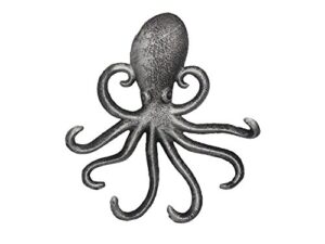 handcrafted nautical decor rustic silver cast iron wall mounted octopus hooks 7" - rustic wall art - nauti