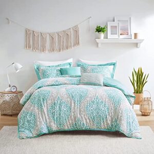 intelligent design senna comforter set twin/twin xl size - aqua blue/gray, damask – 4 piece bed sets – all season ultra soft microfiber teen bedding - great for dorm room and girls bedroom