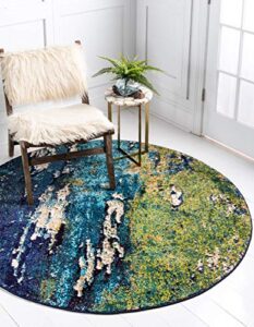 unique loom estrella collection distressed, landscape, abstract, modern, earth tones area rug (8' 0 x 8' 0 round, navy blue/green)