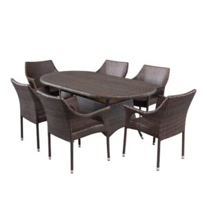 christopher knight home lennox outdoor wicker round dining set, 7-pcs set, multibrown