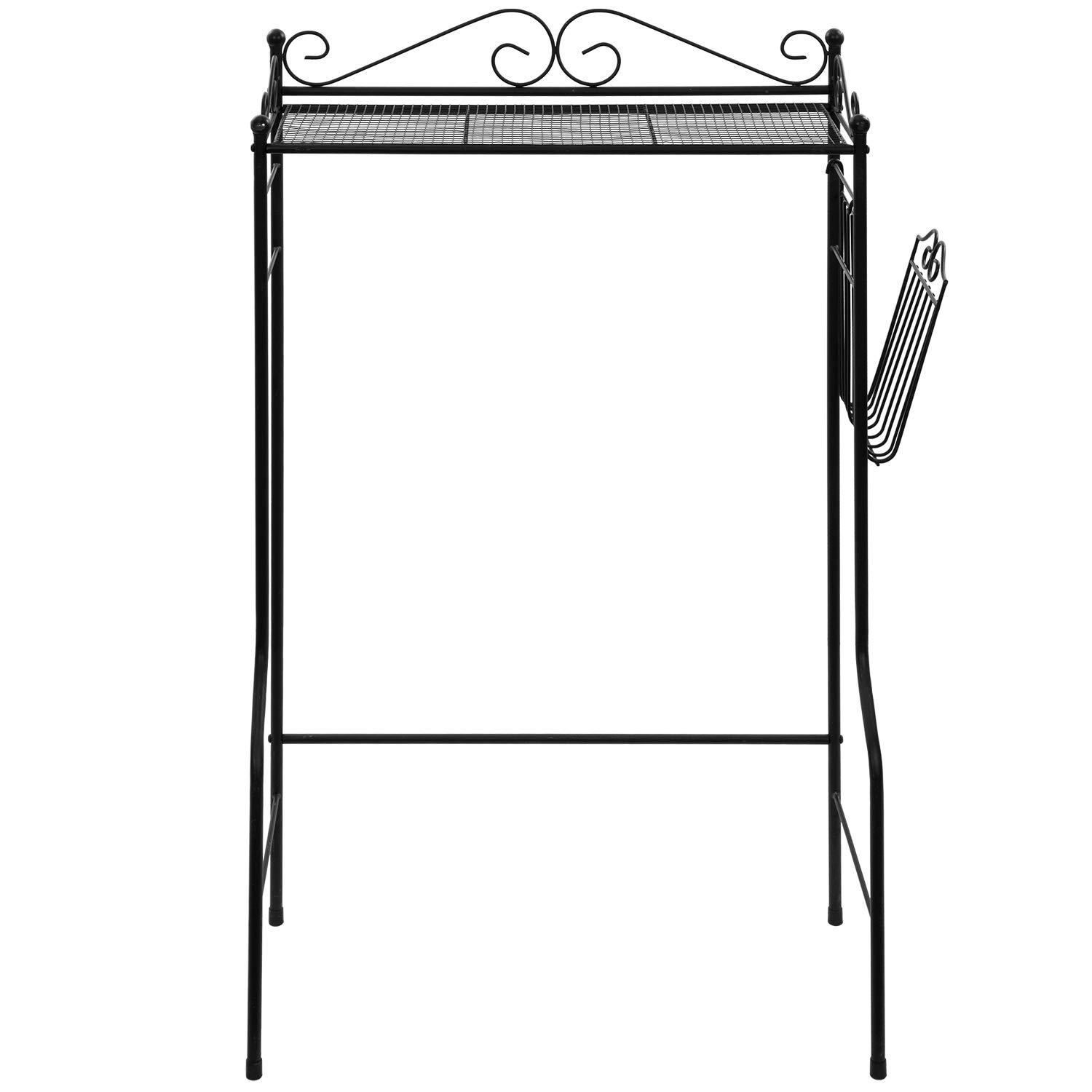 MyGift Black Metal Over The Toilet Standing Shelf with Vintage Scrollwork Accents and Magazine Basket, Freestanding Bathroom Space Saver Organizer Rack