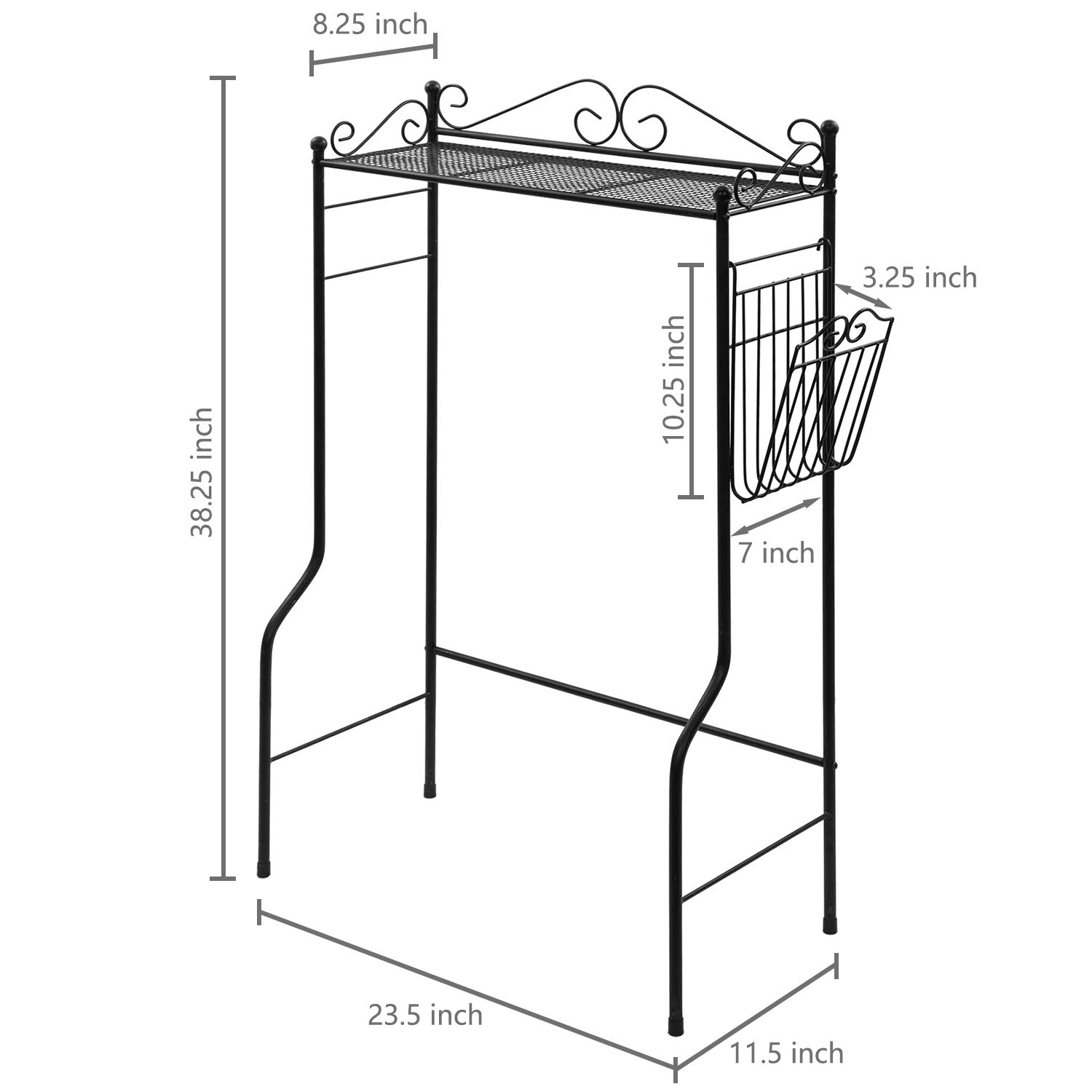 MyGift Black Metal Over The Toilet Standing Shelf with Vintage Scrollwork Accents and Magazine Basket, Freestanding Bathroom Space Saver Organizer Rack