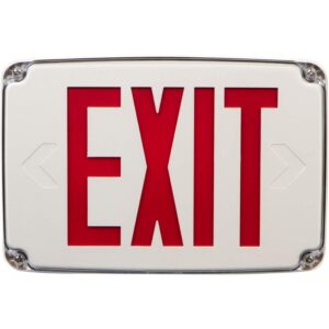 morris products cold weather, wet location led exit sign – emergency battery backup exit signage – red with white housing – compact, low-profile design – dual voltage, fully automatic