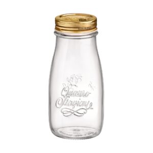 bormioli rocco quattro stagioni, glass canning jar and drinking bottle, 13.5 oz. with gold metal airtight lid, made in italy.