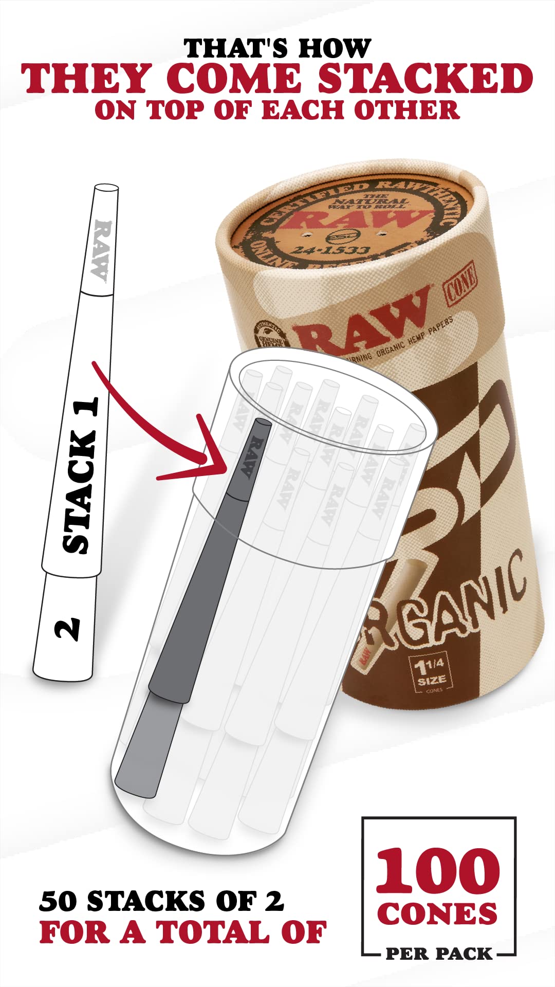 RAW Cones Organic 1-1/4 Size | 100 Pack | Pre Rolled Rolling Paper with Tips & Packing Tubes Included