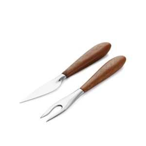 nambe curvo cheese set | cheese knife and fork utensil set for charcuterie board | made of stainless steel and acacia wood | designed by steve cozzolino