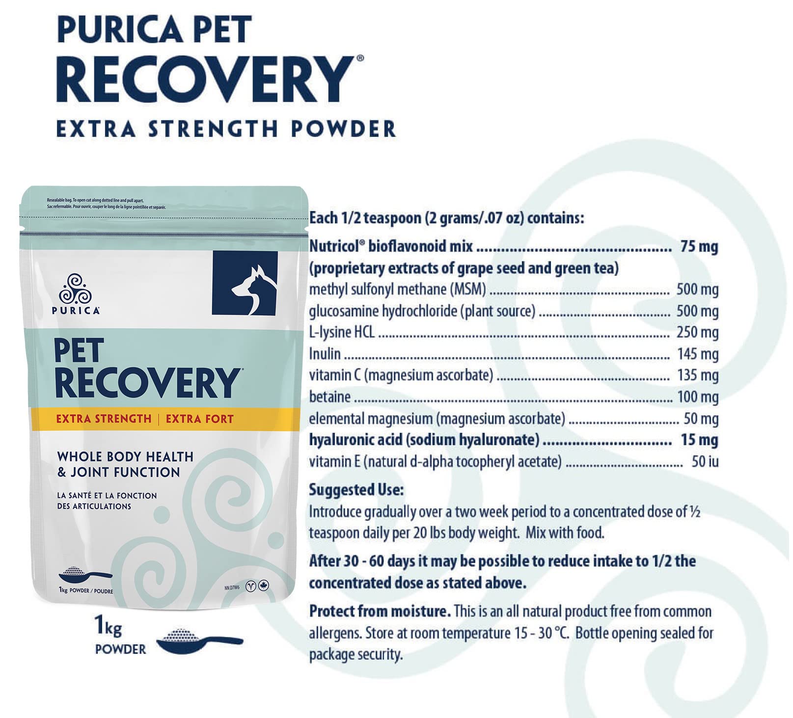 PURICA Pet Recovery Extra Strength - Joint Support for Cats & Dogs - Glucosamine - Vitamins for Joint Health. Suitable for Small & Large Breeds - Transform Your Pet's Well-Being with 1Kg Powder