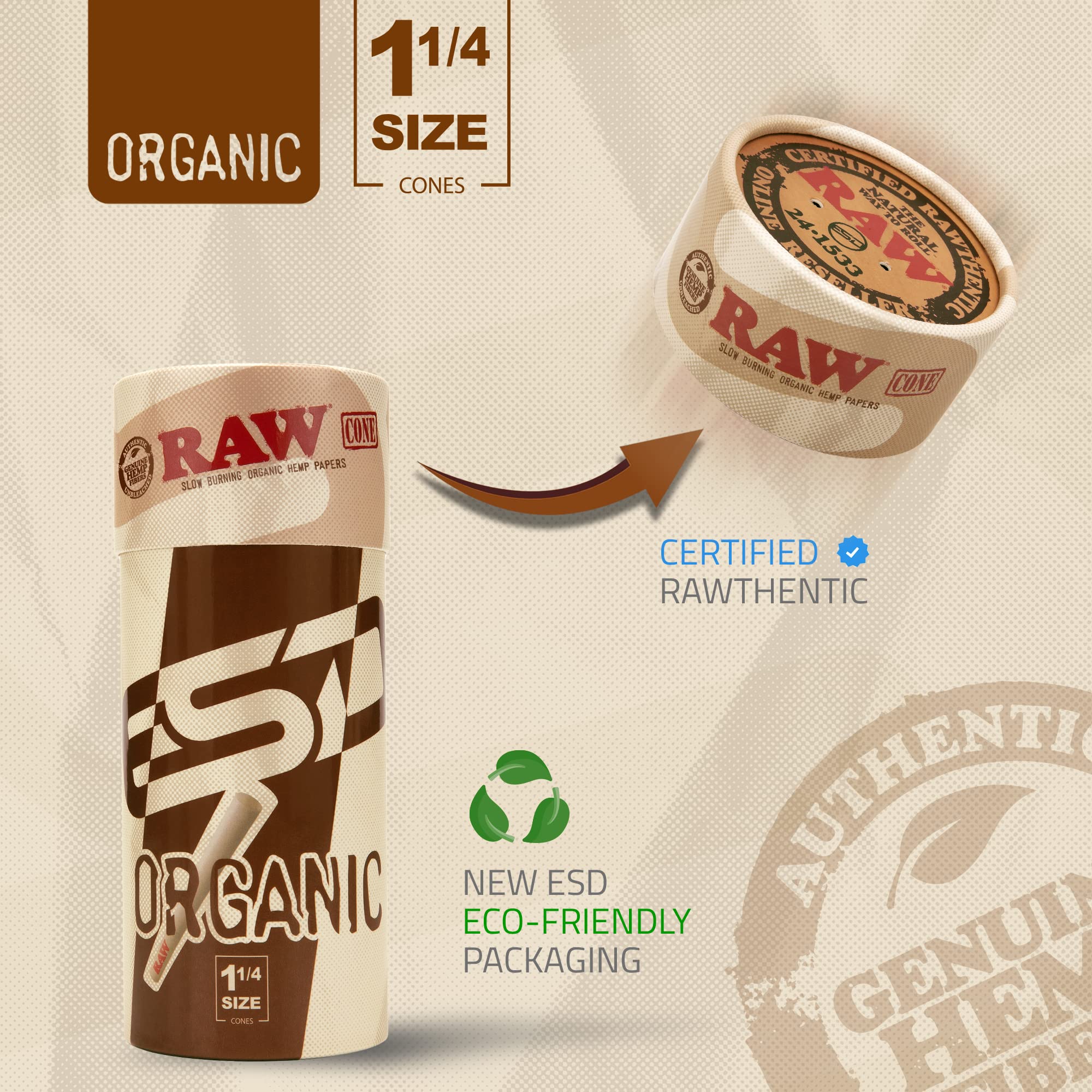 RAW Cones Organic 1-1/4 Size | 100 Pack | Pre Rolled Rolling Paper with Tips & Packing Tubes Included