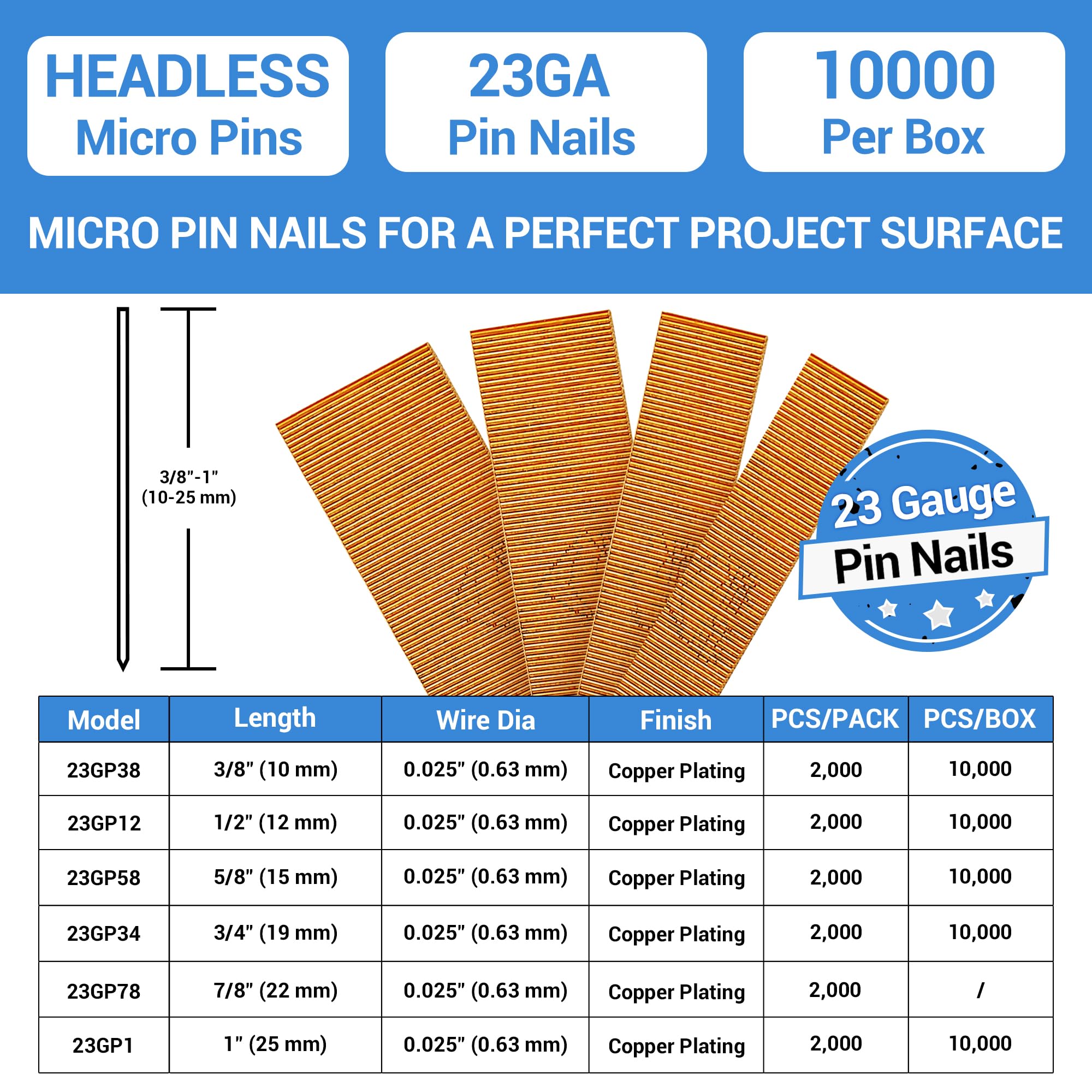 meite 23 Gauge Pin Nails, 1/2-Inch Micro Headless Pins for Pin Nailer - Copper Plated Pins Nails for Nail Gun, Ideal for Fine Woodworking and Trim Work (10,000 PCS)