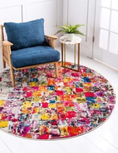 unique loom estrella collection abstract, bright colors, distressed, modern area rug, 8 ft x 8 ft, multi/beige