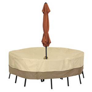 classic accessories veranda water-resistant 94 inch round patio table & chair set cover with umbrella hole, outdoor table cover