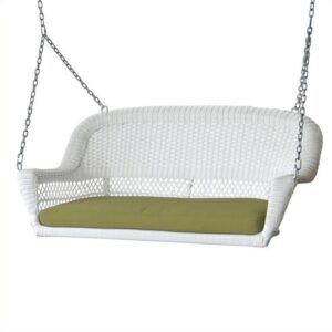 jeco wicker porch swing in white with green cushion