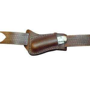 custom cross draw knife sheath trapper style folding knife, 4 1/8" leather knife holder, dark brown