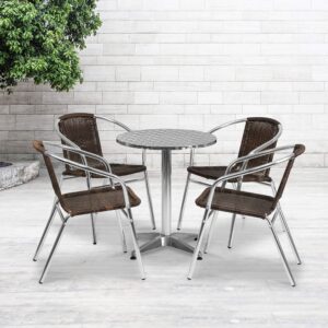 flash furniture lila 23.5'' round aluminum indoor-outdoor table set with 4 dark brown rattan chairs