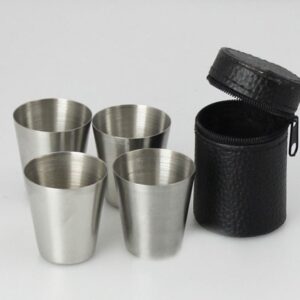 Yueton® Set of 4 Stainless Steel Shot Cups Drinking Vessel with Black Leather Carrying Case (30ml)